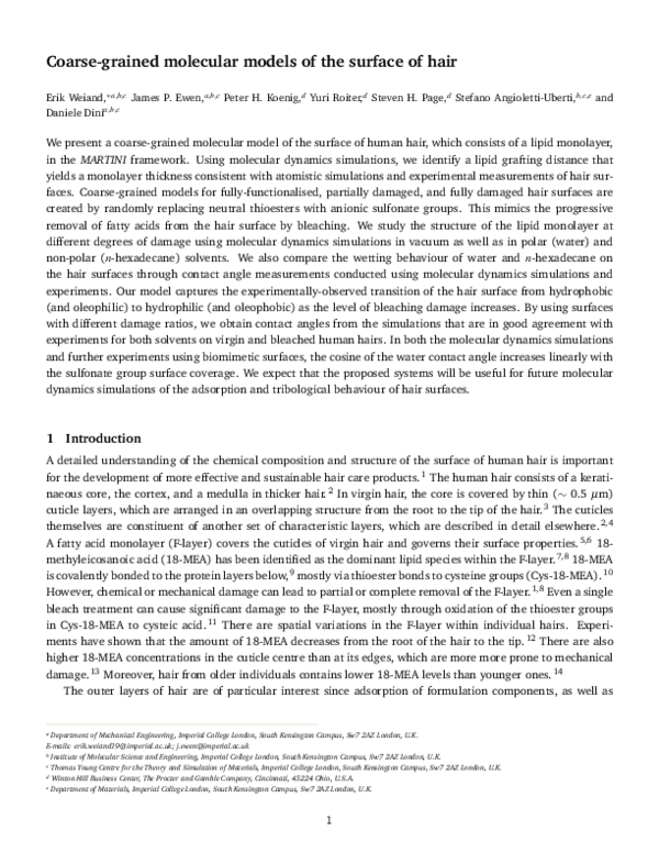 Pdf Coarse Grained Molecular Models Of The Surface Of Hair