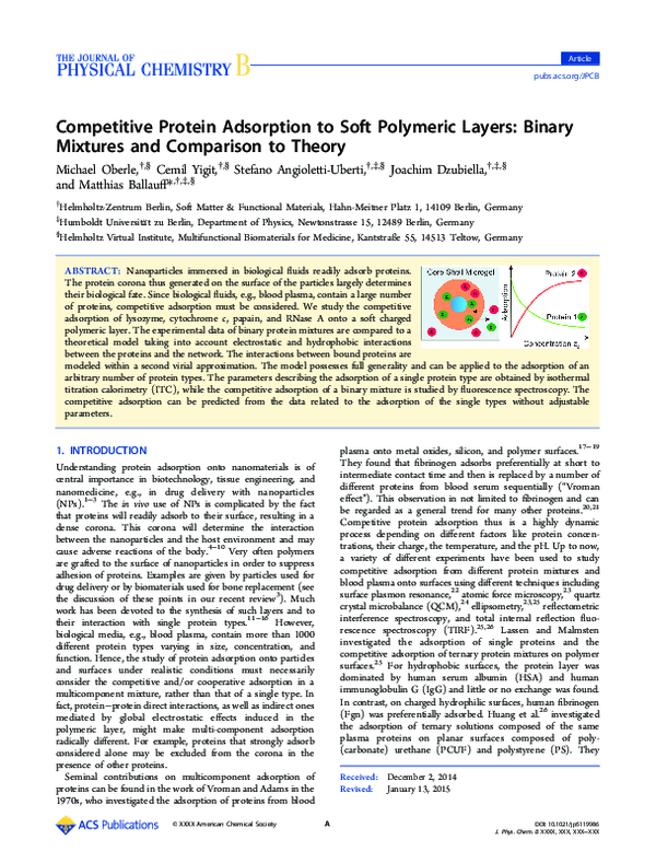(PDF) Competitive Protein Adsorption to Soft Polymeric Layers: Binary ...