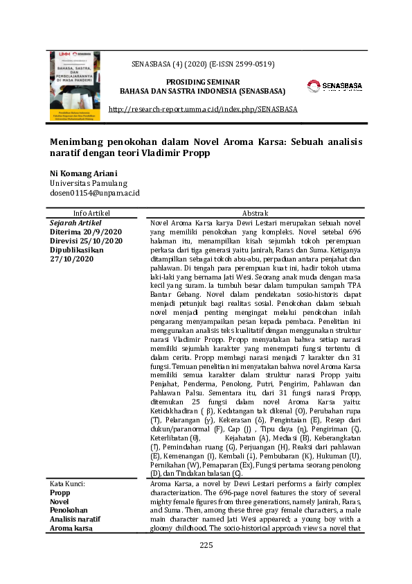 (PDF) Menimbang penokohan dalam Novel Aroma Karsa: Sebuah analisis naratif dengan teori Vladimir ...