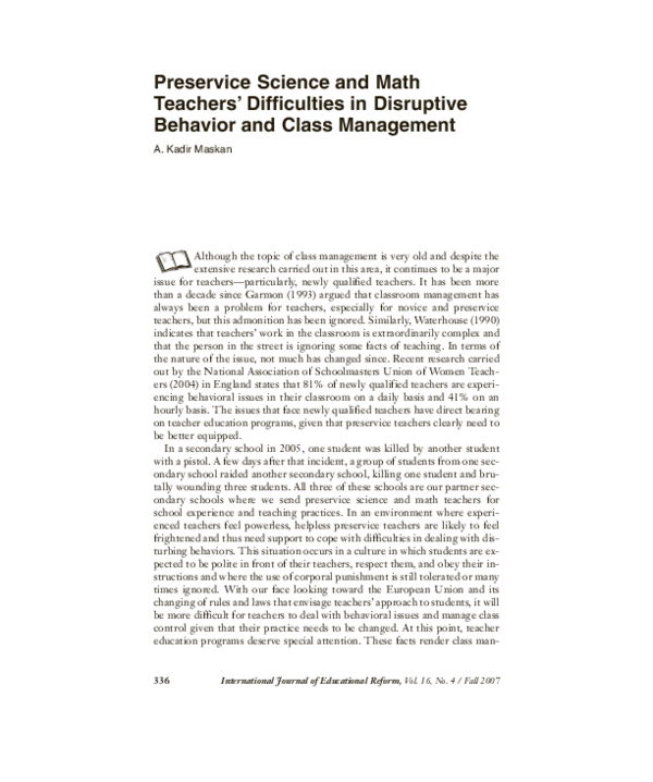 (PDF) Preservice Science and Math Teachers’ Difficulties in Disruptive ...
