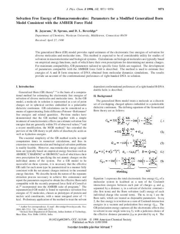 (PDF) Solvation Free Energy of Biomacromolecules: Parameters for a Modified Generalized Born ...