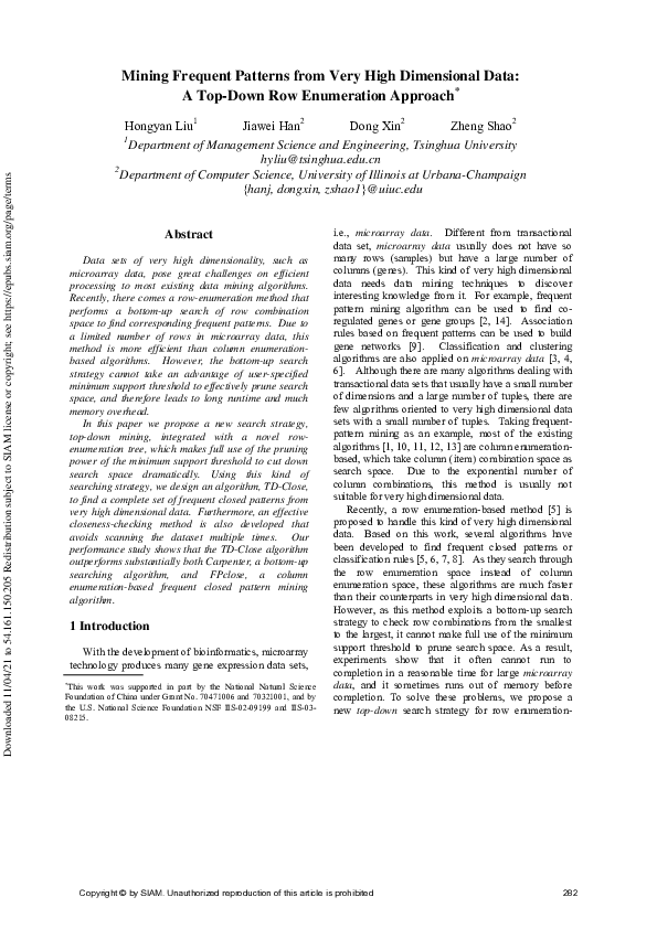 Pdf Mining Frequent Patterns From Very High Dimensional Data A Top Down Row Enumeration Approach