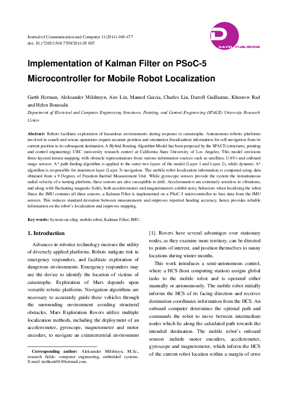 (PDF) Implementation of Kalman Filter on PSoC-5 Microcontroller for Mobile Robot Localization