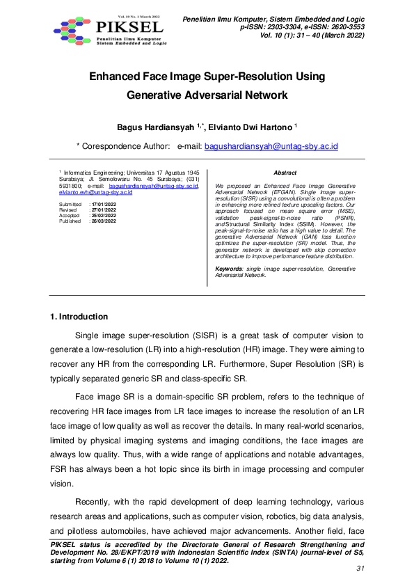 Pdf Enhanced Face Image Super Resolution Using Generative Adversarial