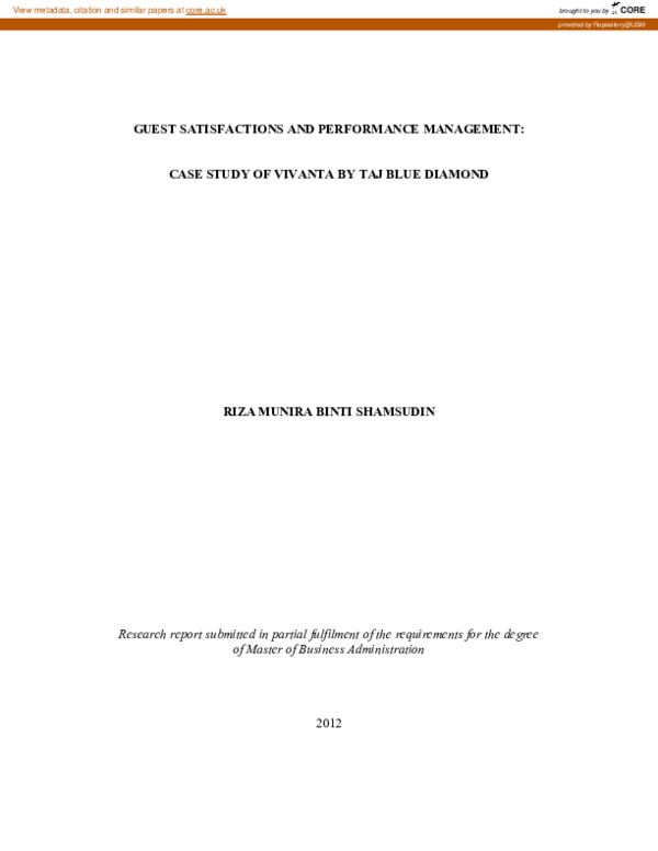 (PDF) Guest Satisfactions And Performance Management: Case Study Of Vivanta By Taj Blue Diamond