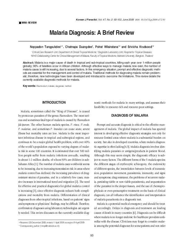 (PDF) Malaria Diagnosis: A Brief Review