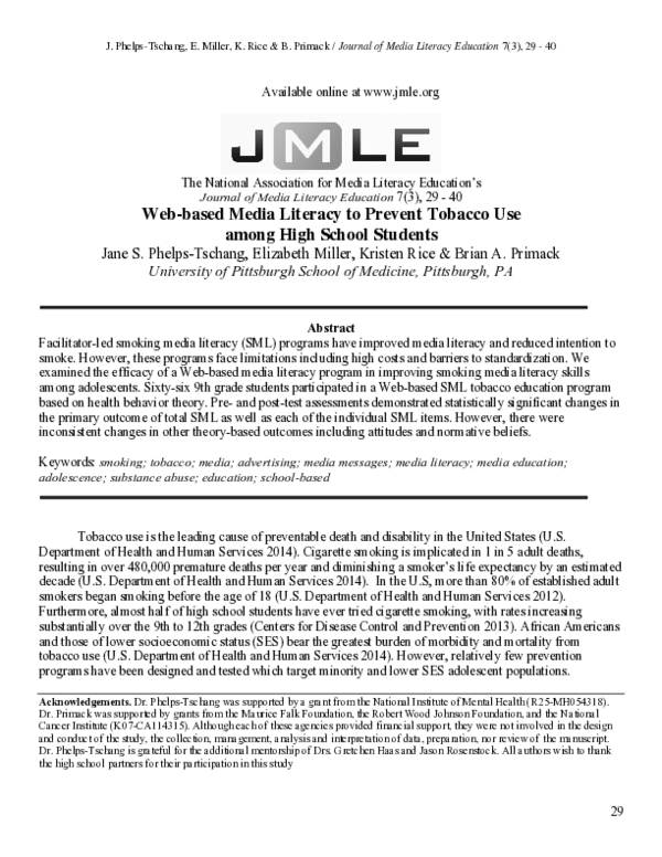 (PDF) Web-based Media Literacy to Prevent Tobacco Use among High School ...