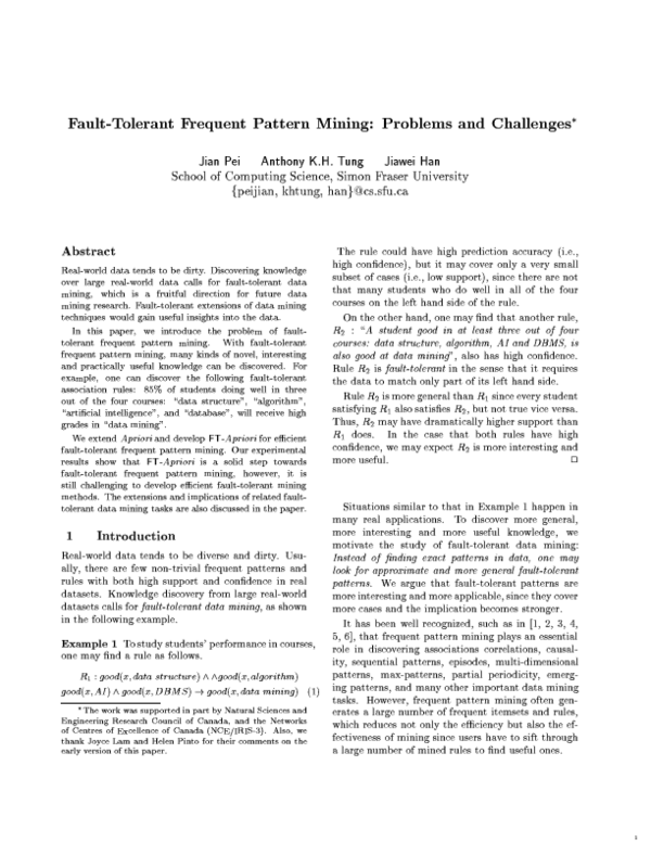 Pdf Fault Tolerant Frequent Pattern Mining Problems And Challenges 