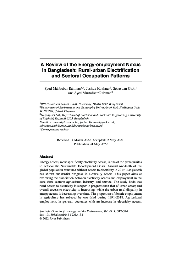 (PDF) A review of the energy-employment nexus in Bangladesh: Rural ...