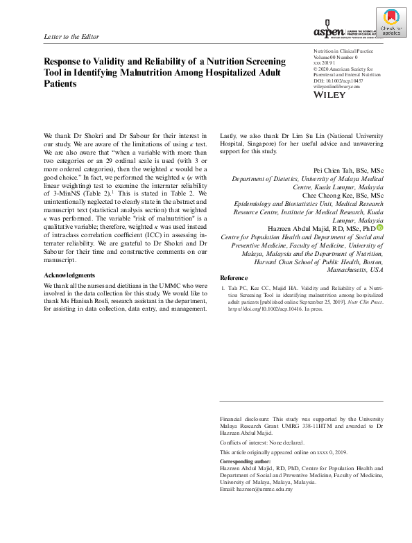 (PDF) Response to Validity and Reliability of a Nutrition Screening Tool in Identifying ...