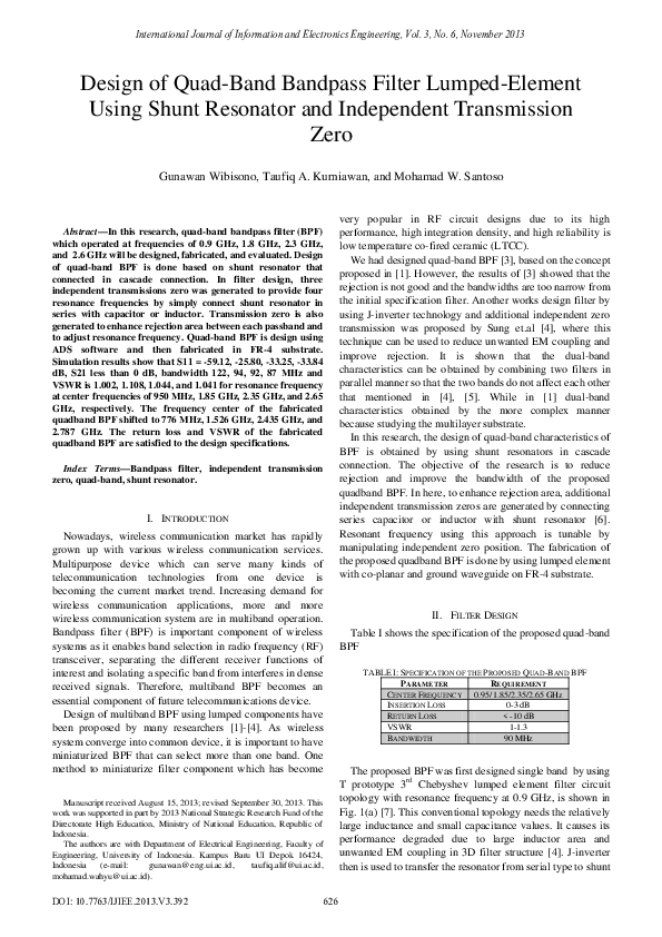 (PDF) Design of Quad-Band Bandpass Filter Lumped-Element Using Shunt Resonator and Independent ...