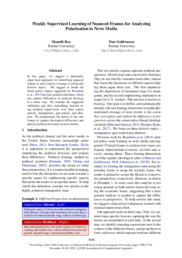 (PDF) Weakly Supervised Learning of Nuanced Frames for Analyzing Polarization in News Media