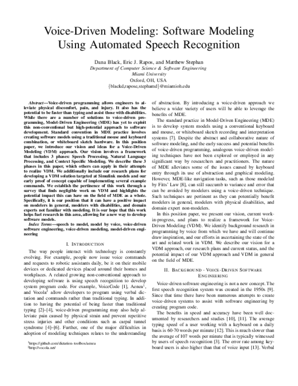 (PDF) Voice-Driven Modeling: Software Modeling Using Automated Speech Recognition