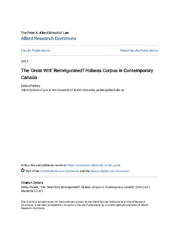 (PDF) The 'Great Writ' Reinvigorated? Habeas Corpus in Contemporary ...