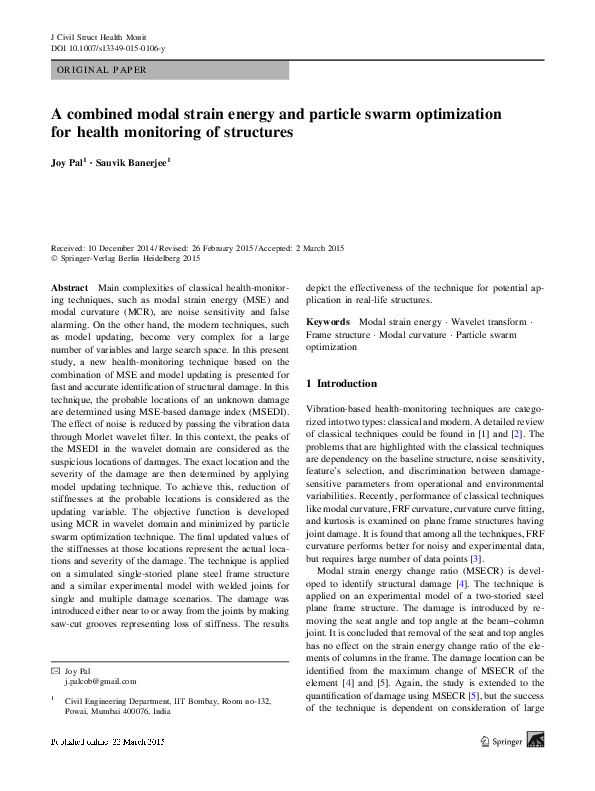(PDF) A combined modal strain energy and particle swarm optimization for health monitoring of ...