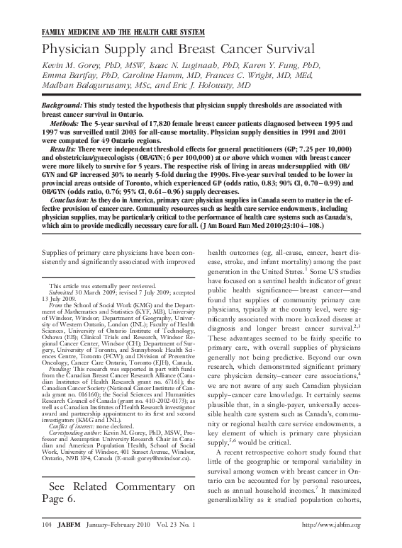 (PDF) Physician Supply and Breast Cancer Survival | Frances Wright ...