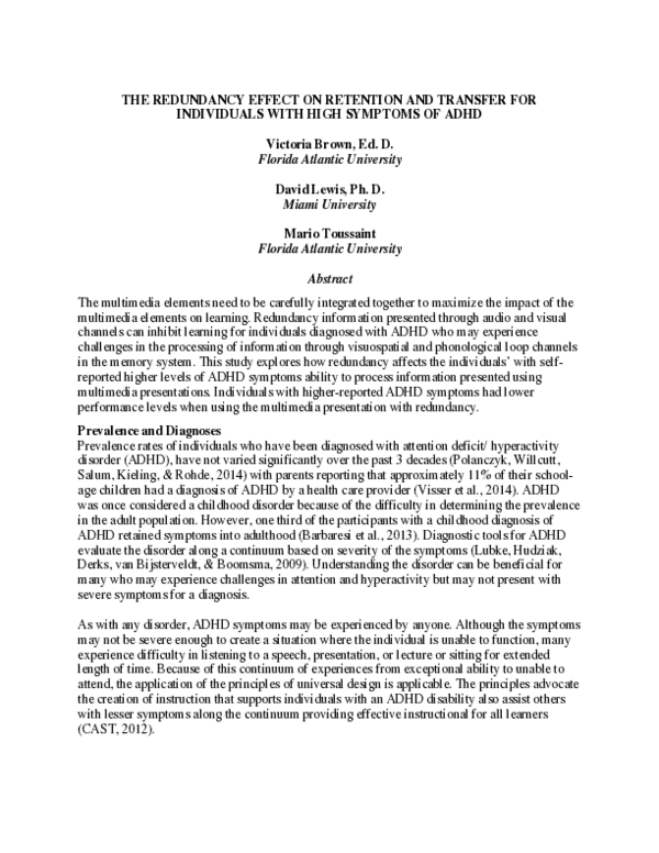 (PDF) The Redundancy Effect on Retention and Transfer for Individuals with High Symptoms of ADHD