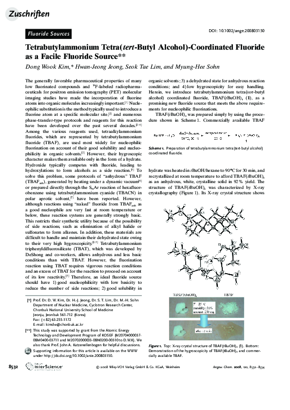 (PDF) Tetrabutylammonium Tetra(tert-Butyl Alcohol)-Coordinated Fluoride ...
