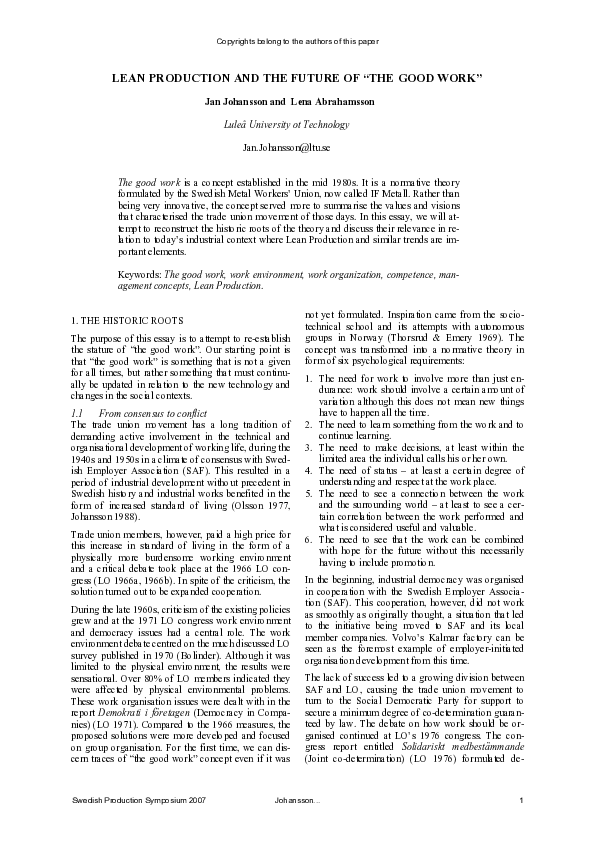 (PDF) Lean Production and the Future of "The Good Work