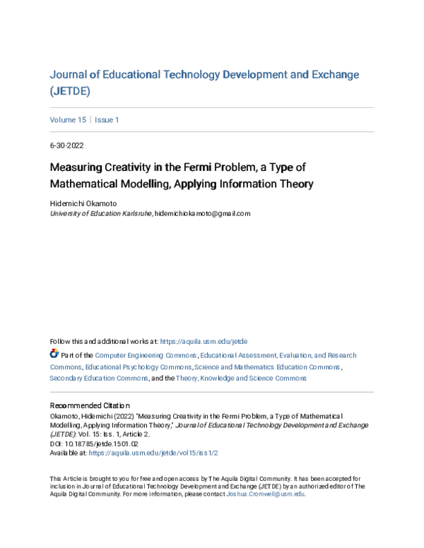 (PDF) Measuring Creativity in the Fermi Problem, a Type of Mathematical Modelling, Applying ...