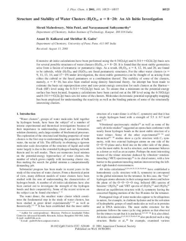 (PDF) Structure and Stability of Water Clusters (H2O)n, n = 8−20: An Ab ...
