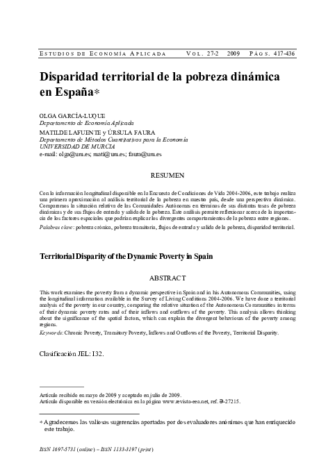 (PDF) Territorial Disparity of the Dynamic Poverty in Spain