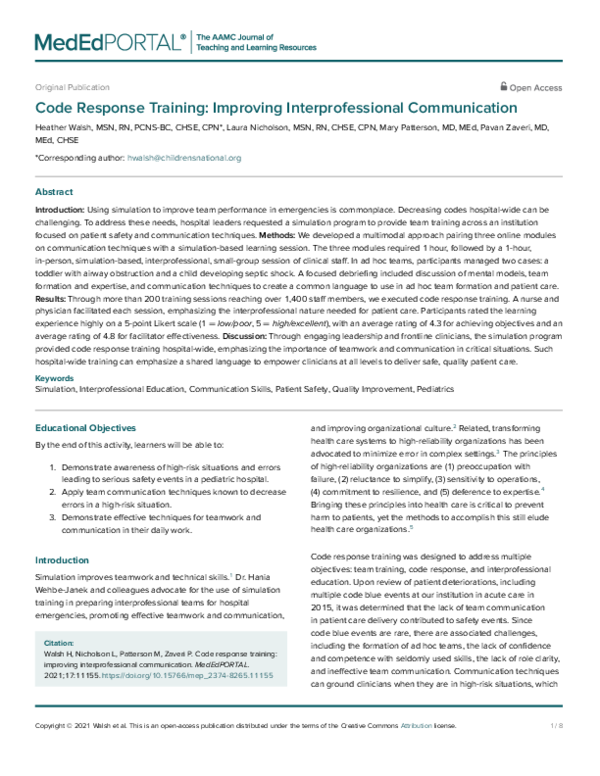 (PDF) Code Response Training: Improving Interprofessional Communication