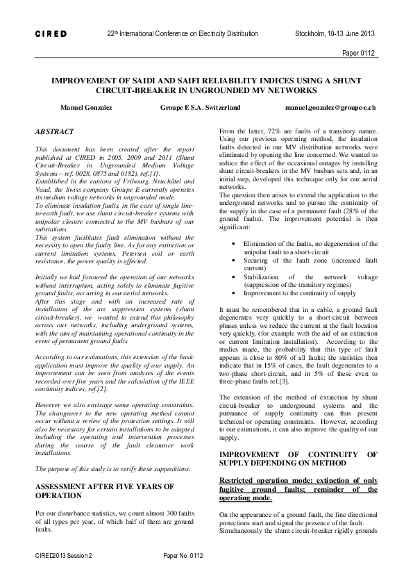 (PDF) Improvement of saidi and saifi reliability indices using a shunt ...