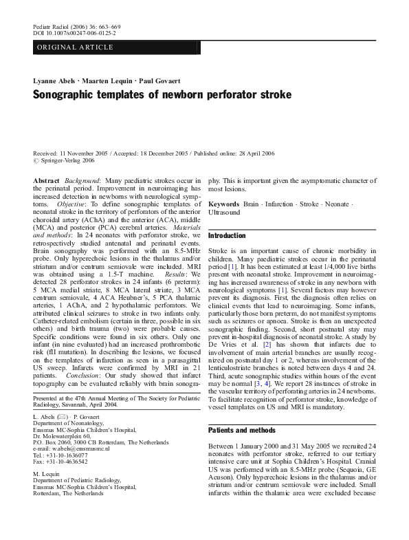 (PDF) Sonographic templates of newborn perforator stroke | Paul Govaert ...