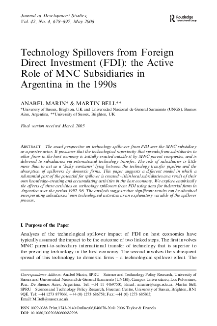 (PDF) Spillovers from Foreign Direct Investment ( FDI ) : the Active ...