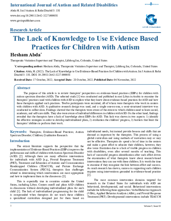 (PDF) The Lack of Knowledge to Use Evidence Based Practices for ...
