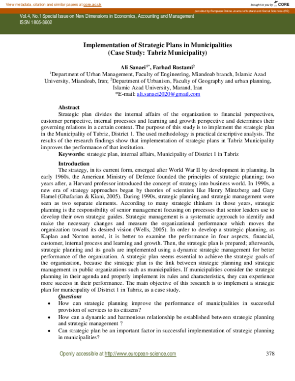 (PDF) Implementation of Strategic Plans in Municipalities (Case Study ...