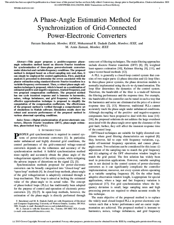 Pdf A Phase Angle Estimation Method For Synchronization Of Grid Connected Power Electronic