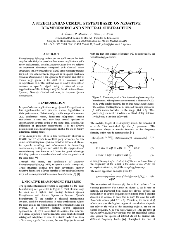 Pdf A Speech Enhancement System Based On Negative Beamforming And Spectral Subtraction