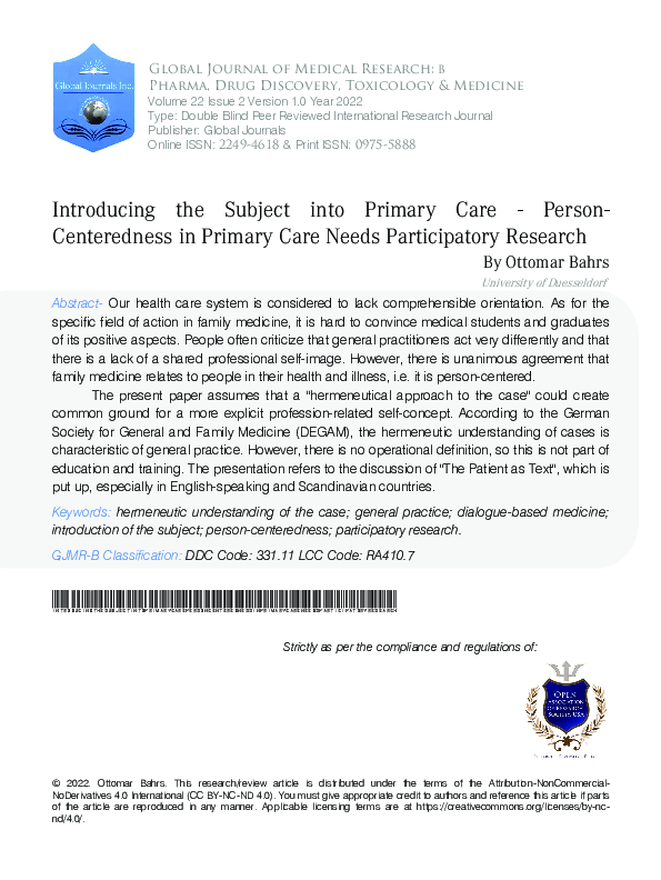 (PDF) Introducing the Subject into Primary Care -Person-Centeredness in ...