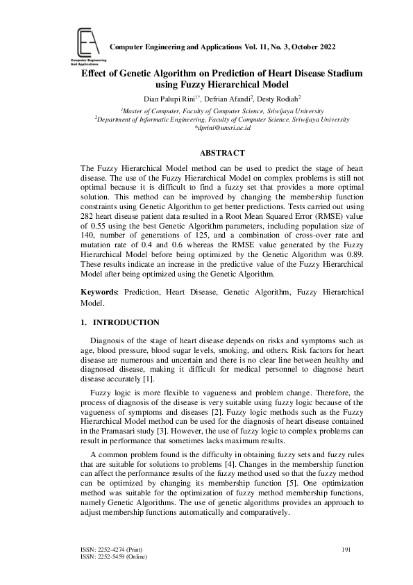 Pdf Effect Of Genetic Algorithm On Prediction Of Heart Disease Stadium Using Fuzzy