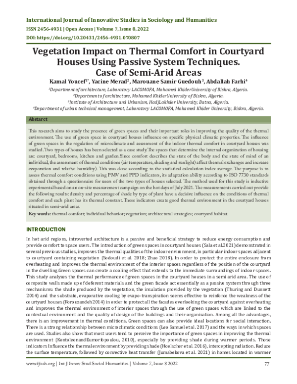 (PDF) Vegetation Impact on Thermal Comfort in Courtyard Houses Using ...