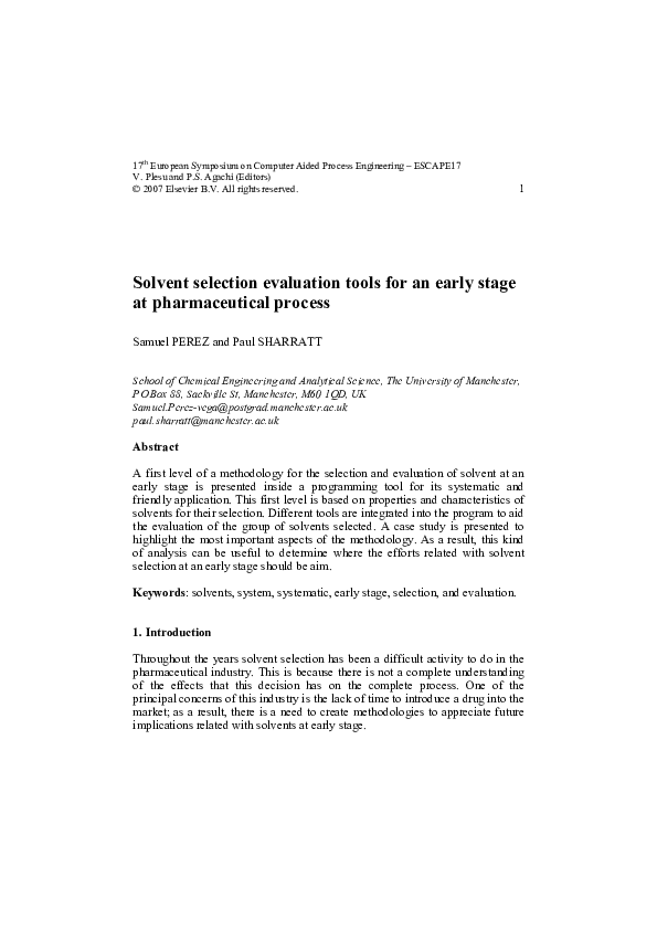 (PDF) Solvent selection evaluation tools for an early stage at ...
