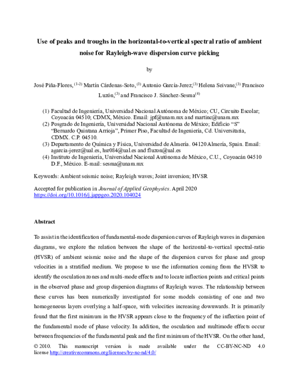 (PDF) Use of peaks and troughs in the horizontal-to-vertical spectral ratio of ambient noise for ...