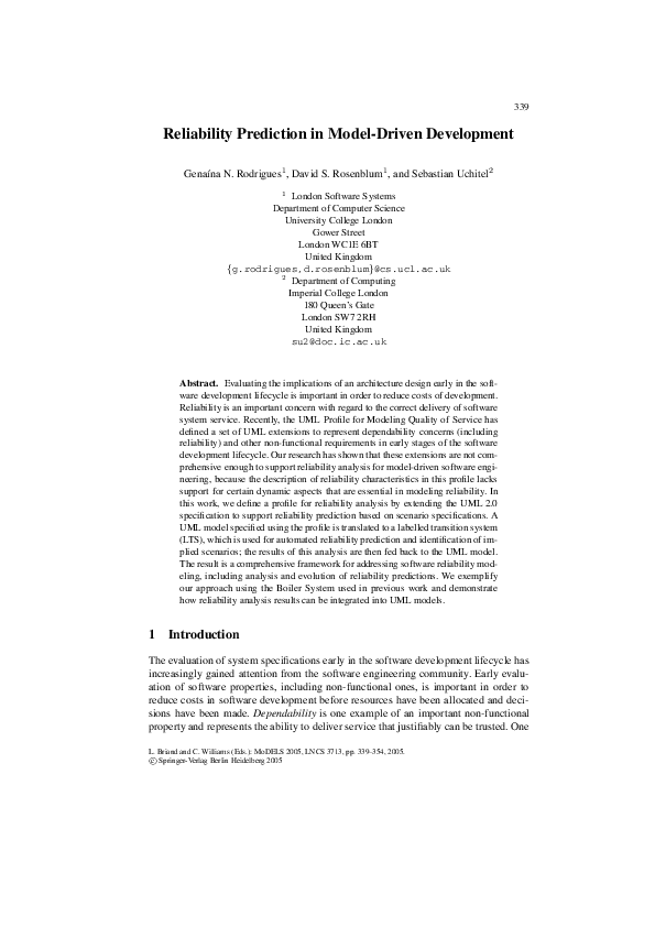 Pdf Reliability Prediction In Model Driven Development