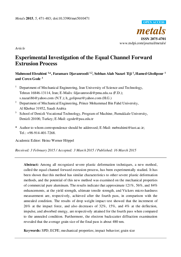 (PDF) Experimental Investigation of the Equal Channel Forward Extrusion Process