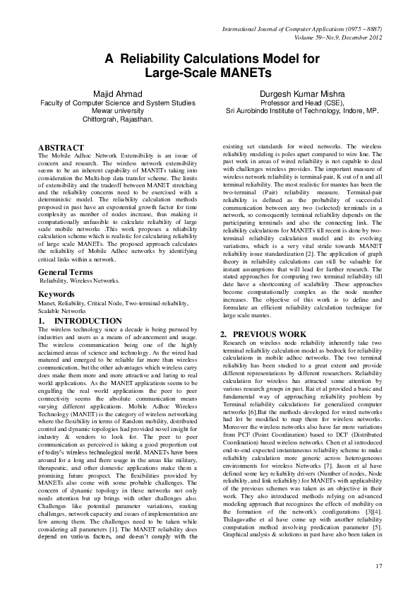 (PDF) A Reliability Calculations Model for Large-Scale MANETs