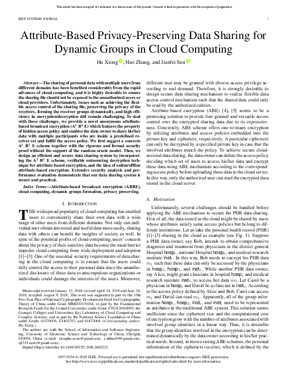 (PDF) Attribute-Based Privacy-Preserving Data Sharing for Dynamic Groups in Cloud Computing