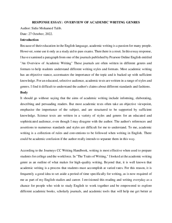 (PDF) RESPONSE ESSAY: OVERVIEW OF ACADEMIC WRITING GENRES