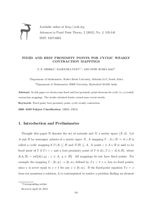 (PDF) Fixed and best proximity points for cyclic weakly contraction mappings
