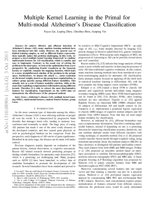 (PDF) Multiple kernel learning in the primal for multimodal Alzheimer's disease classification