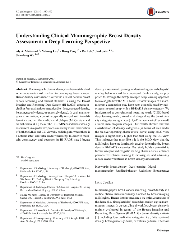 Pdf Understanding Clinical Mammographic Breast Density Assessment A Deep Learning Perspective