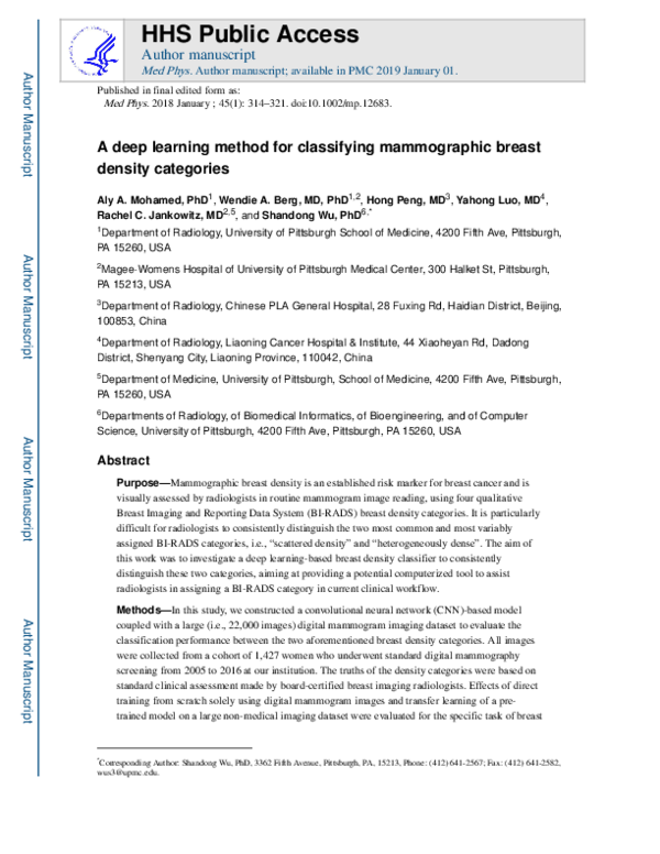 Pdf A Deep Learning Method For Classifying Mammographic Breast Density Categories Aly