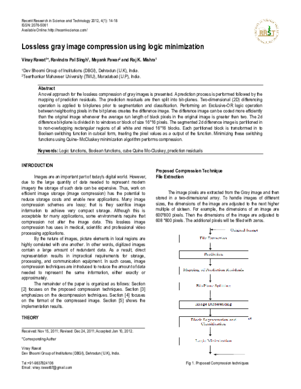 Pdf Lossless Gray Image Compression Using Logic Minimization