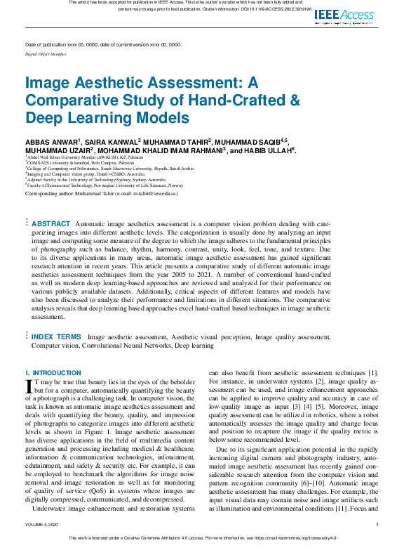 (PDF) Image Aesthetic Assessment: A Comparative Study of Hand-Crafted & Deep Learning Models